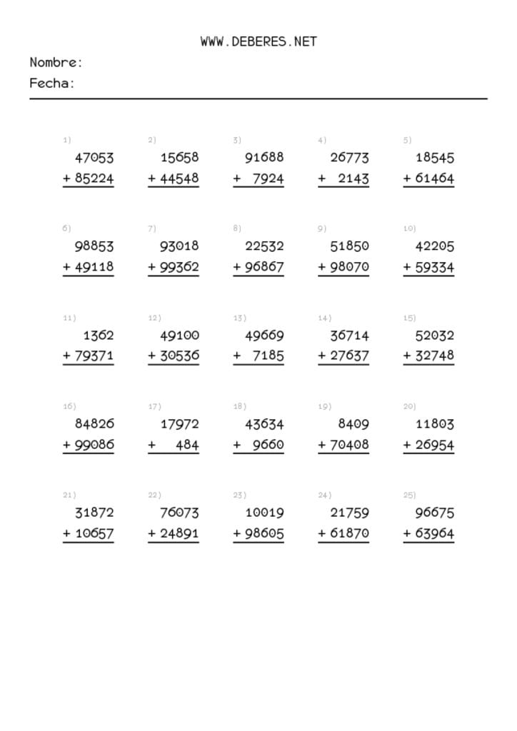 Sumas de cinco cifras llevando para imprimir