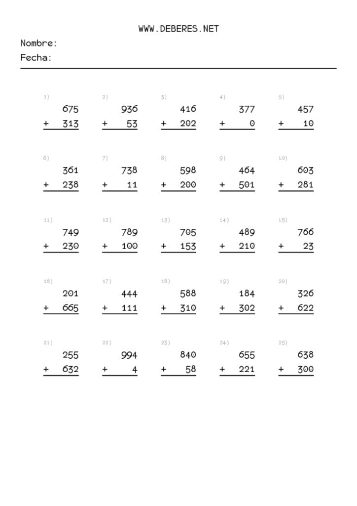 Sumas de tres cifras sin llevar para imprimir