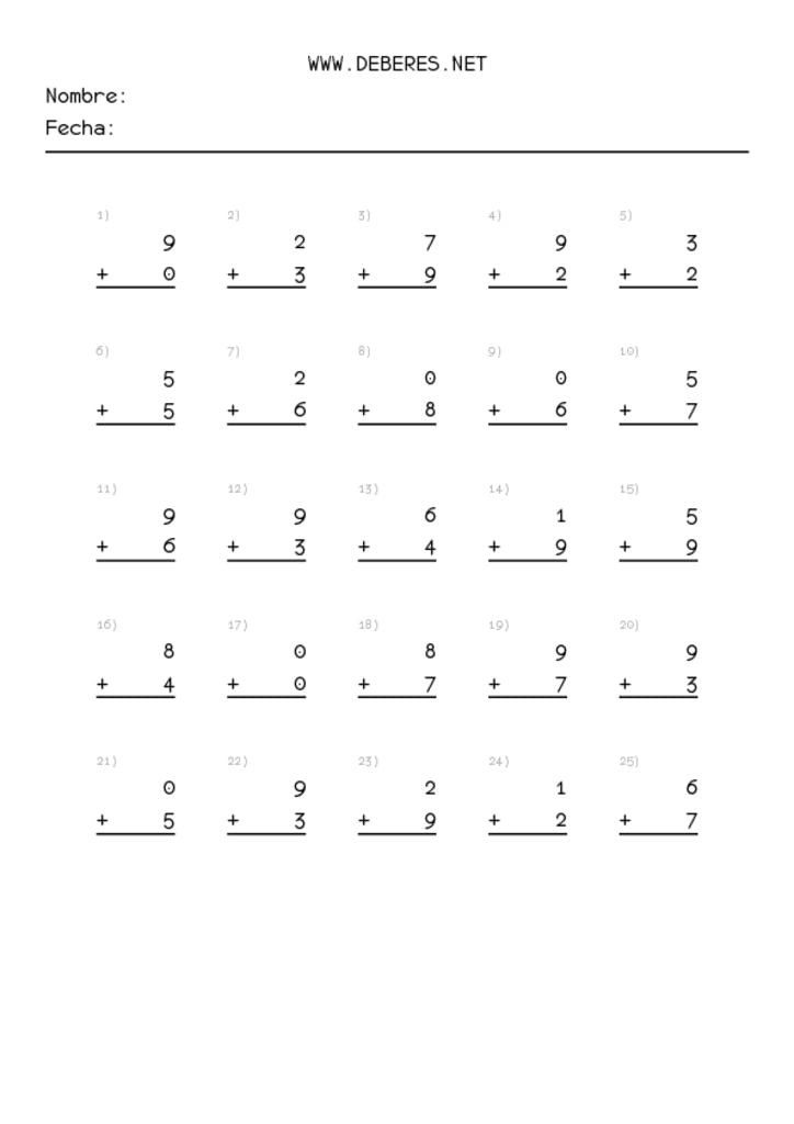 Sumas de una cifra llevando para imprimir
