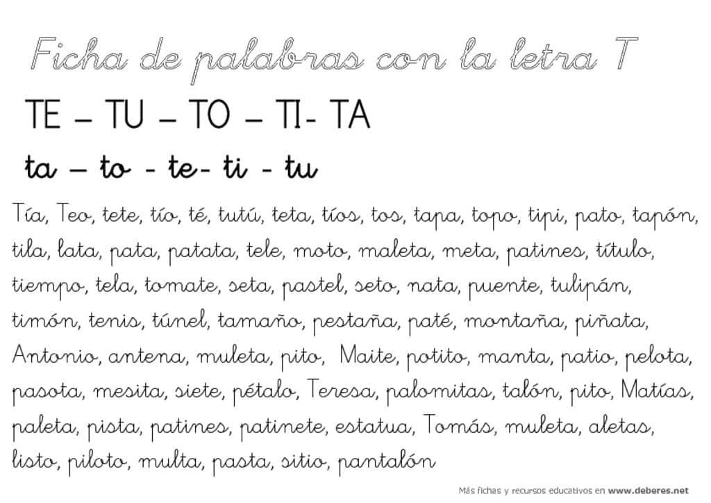 Ficha de lectura de palabras con la letra T